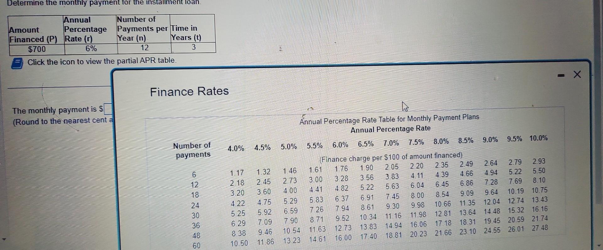 Solved Click the icon to view the partial APR table. Finance | Chegg.com