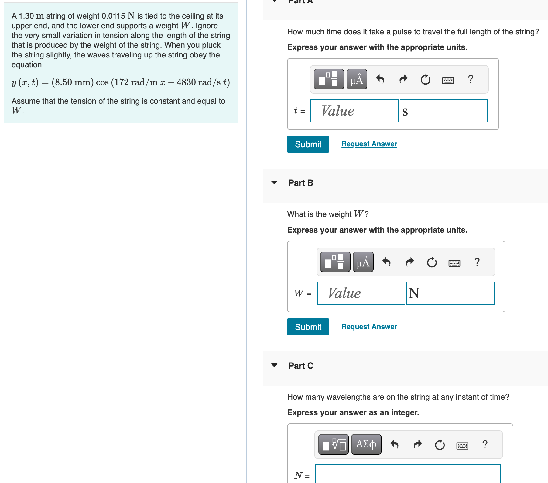 Solved A 1.30 ﻿m string of weight 0.0115 ﻿N is tied to the | Chegg.com