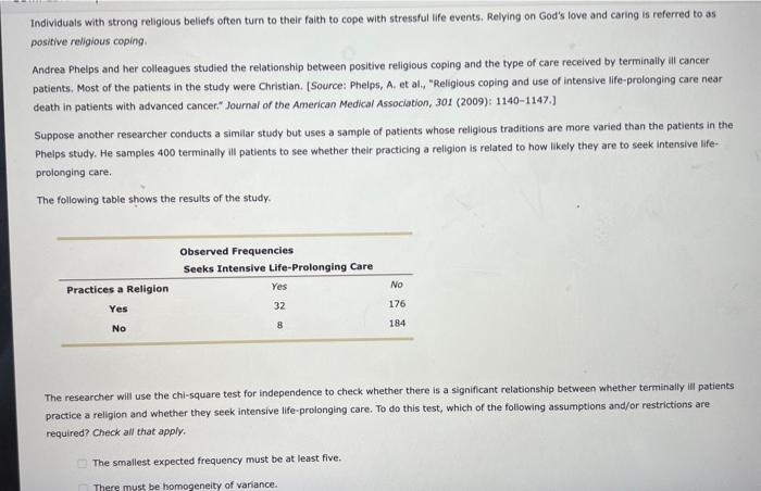 Solved Individuals with strong religious beliefs often turn | Chegg.com