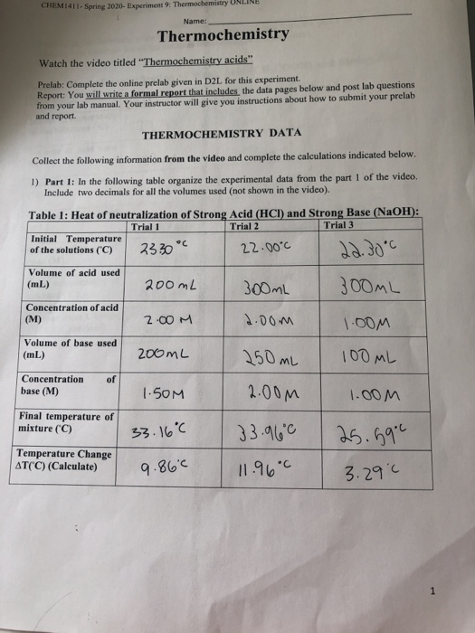 CHEMI411- Spring 2020-Experiment 9: Thermochemistry | Chegg.com