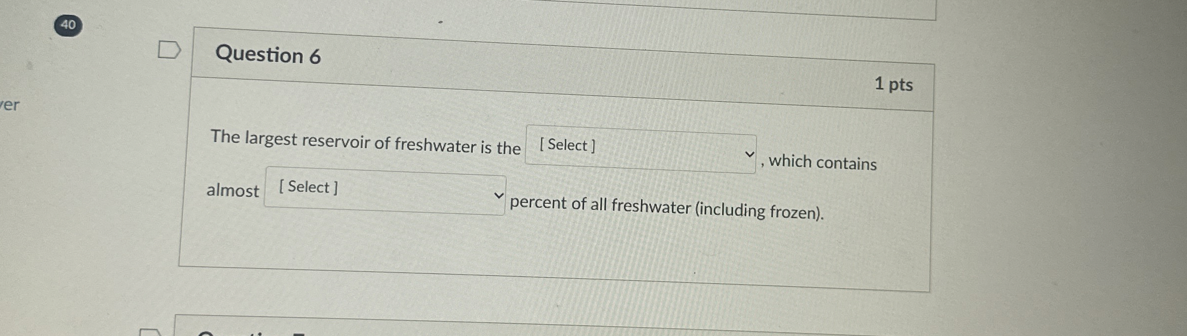 Solved 40Question 61 ﻿ptsThe largest reservoir of freshwater | Chegg.com