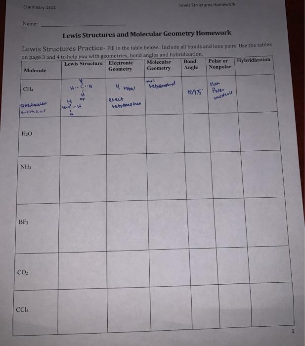 Solved Chemistry 1311 Lewis Structures Homework Name: Lewis | Chegg.com