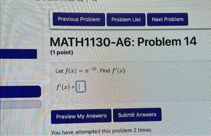 Solved Let f(x)=x−15. Find f′(x) f′(x)= You have attempted | Chegg.com Solved Let f(x)=x−15. Find f′(x) f′(x)= You have attempted | Chegg.com