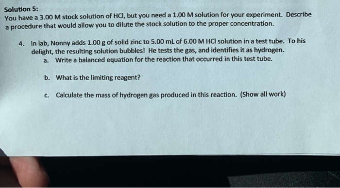 Solved Solution 5: You have a 3.00 M stock solution of HCl, | Chegg.com