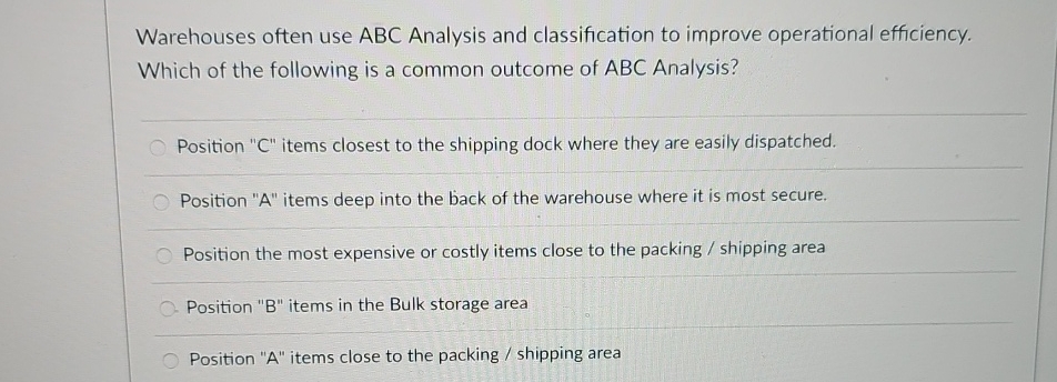 Solved Warehouses often use ABC Analysis and classification | Chegg.com