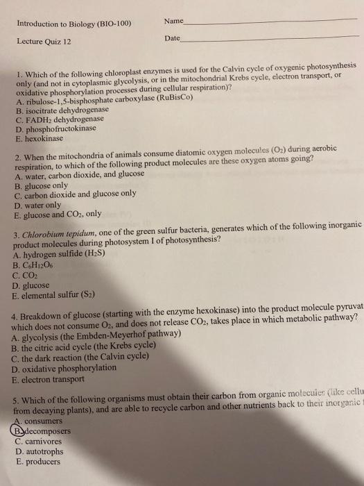 Solved Name Introduction to Biology (BIO-100) Lecture Quiz | Chegg.com