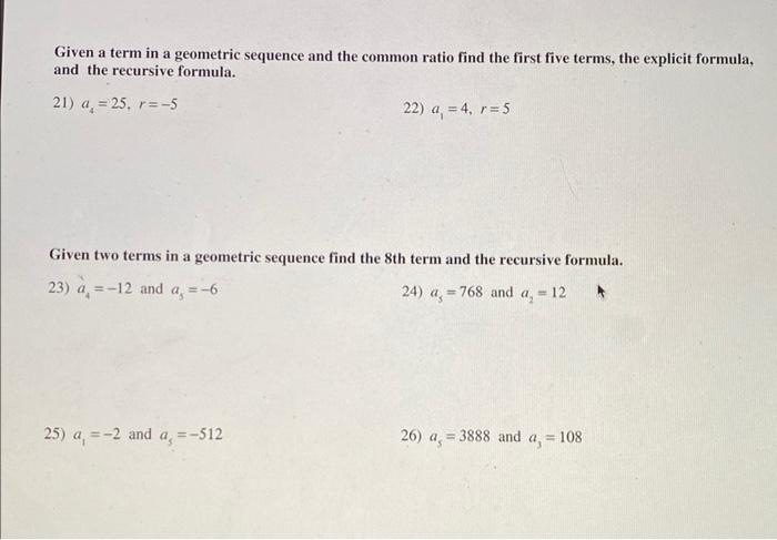 Solved Given the explicit formula for a geometric sequence | Chegg.com