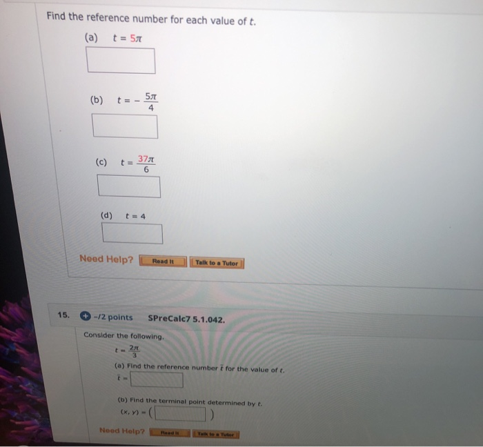 Solved Find the reference number for each value of t. (a) t | Chegg.com