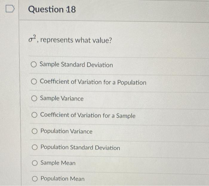 Solved σ2, represents what value? Sample Standard Deviation | Chegg.com