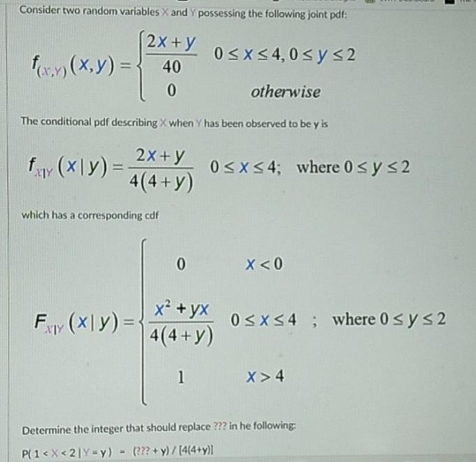 Solved Consider two random variables X and Y possessing the | Chegg.com