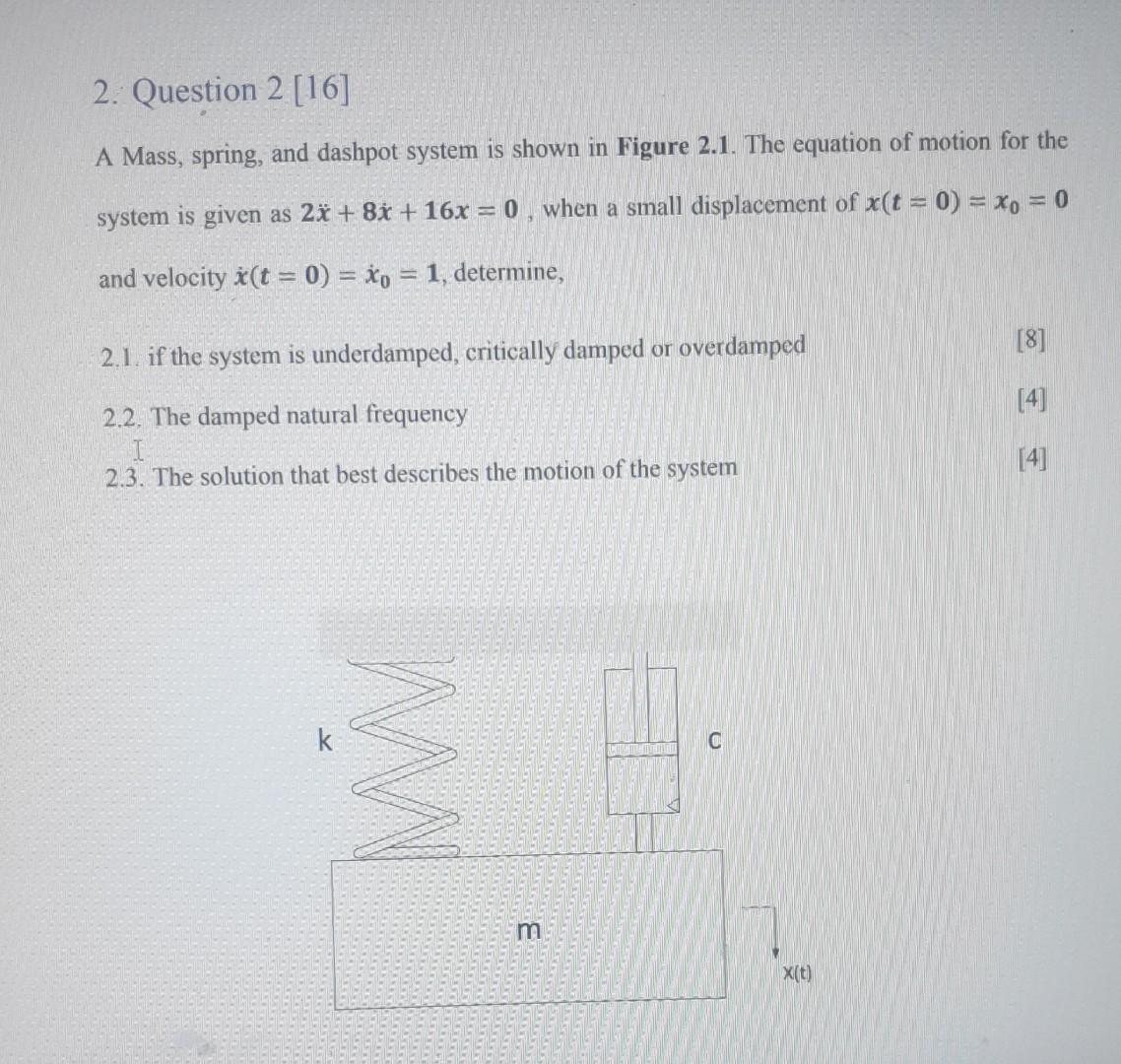 Solved 2. Question 2 [16] A Mass, spring, and dashpot system | Chegg.com