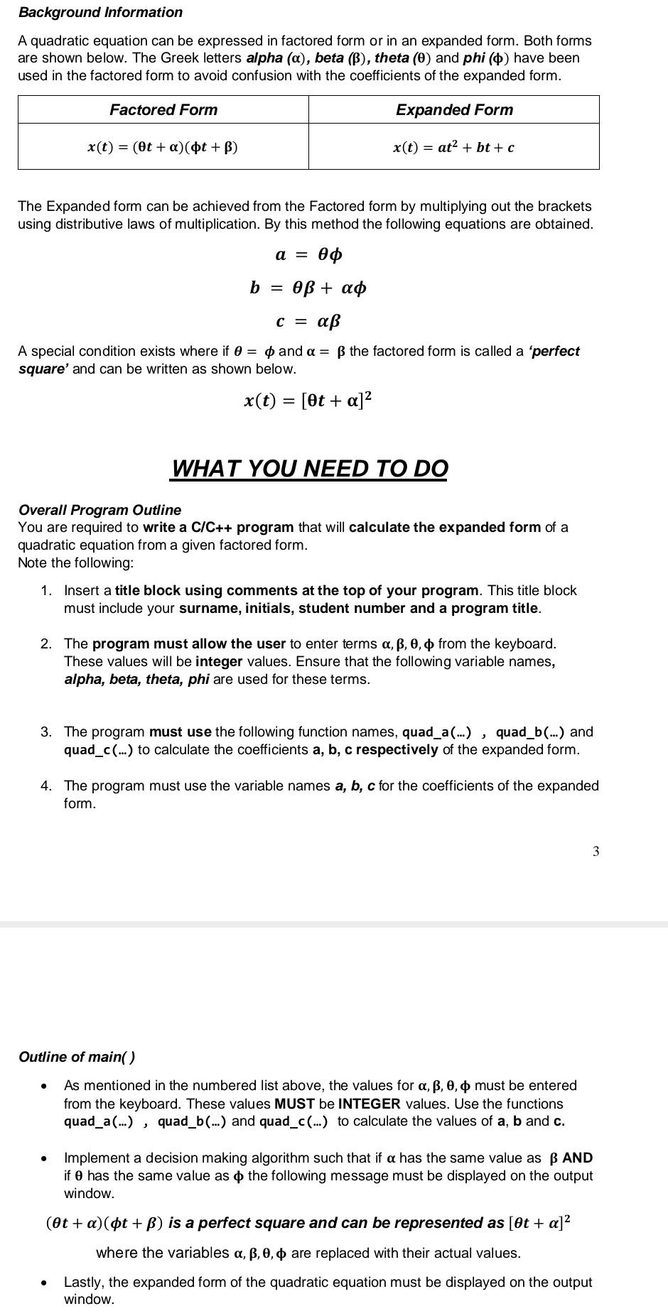 Solved Background Information A quadratic equation can be | Chegg.com