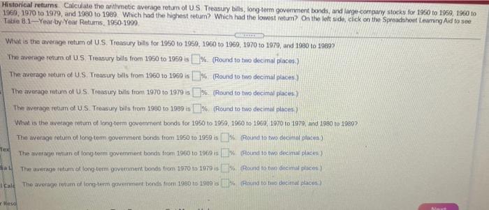Solved Historical returns Calculate the arithmetic average | Chegg.com