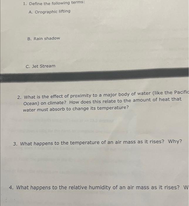 Solved 1. Define the following terms: A. Orographic lifting | Chegg.com