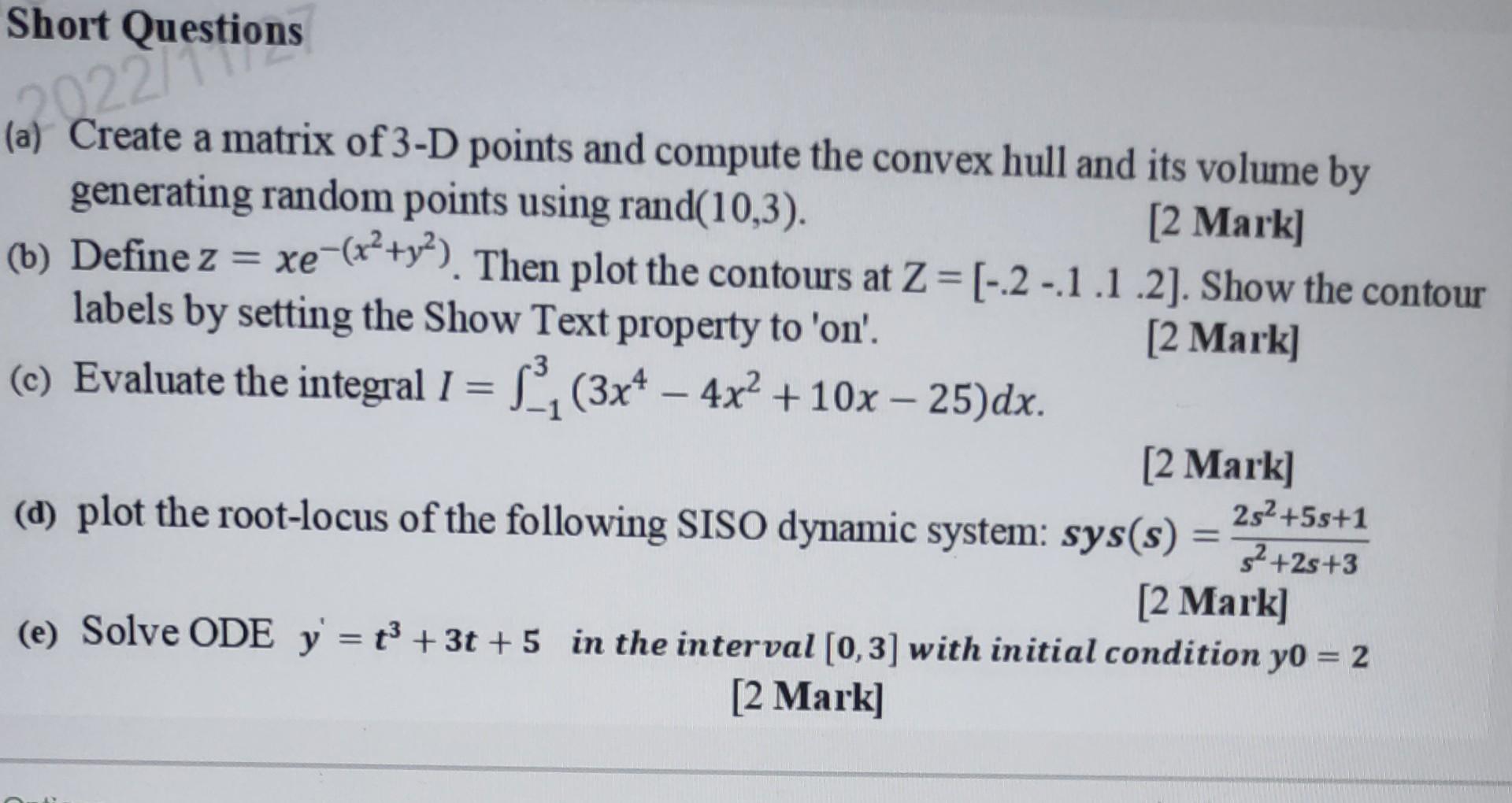 Solved Create a matrix of 3-D points and compute the convex | Chegg.com