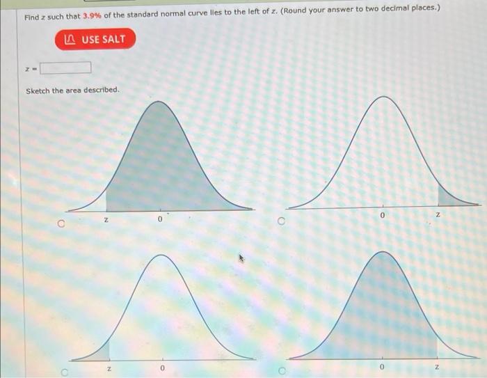 Solved Find z such that 3.9% of the standard normal curve | Chegg.com