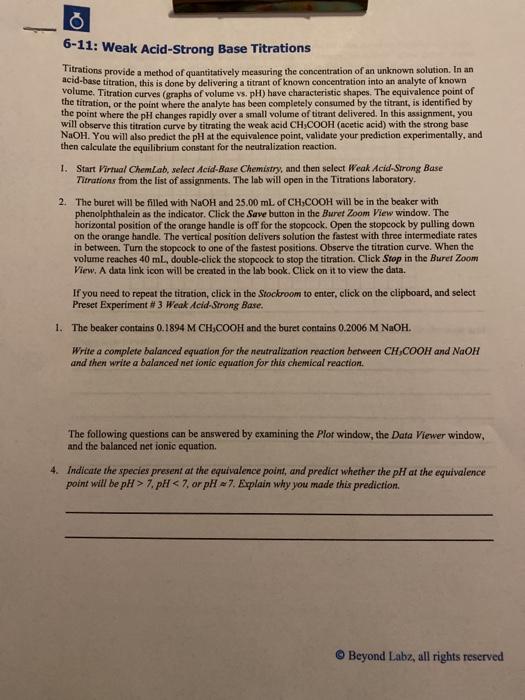 Solved 6-11: Weak Acid-Strong Base Titrations Titrations | Chegg.com