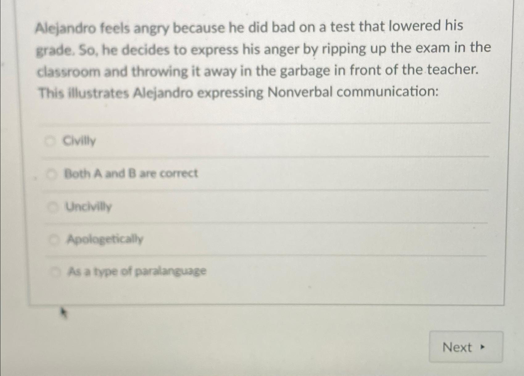 Solved Alejandro feels angry because he did bad on a test | Chegg.com