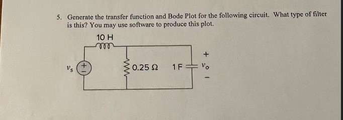 Solved 5. ﻿Generate the transfer function and Bode Plot for | Chegg.com