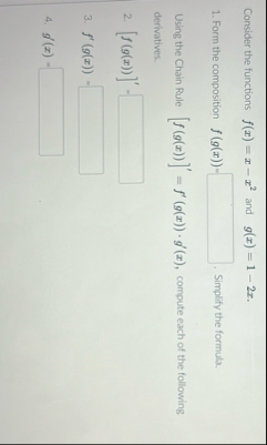 Solved Consider the functions f(x)=x-x2 ﻿and g(x)=1-2x.Form | Chegg.com
