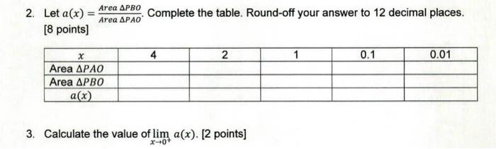 Solved 2. Let a(x)=Area PAOArea PBO. Complete the table. | Chegg.com