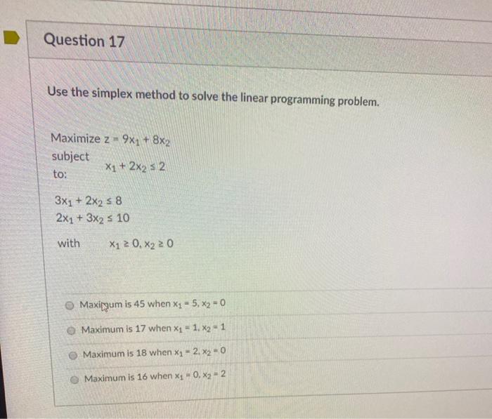 Solved Question 17 Use the simplex method to solve the | Chegg.com