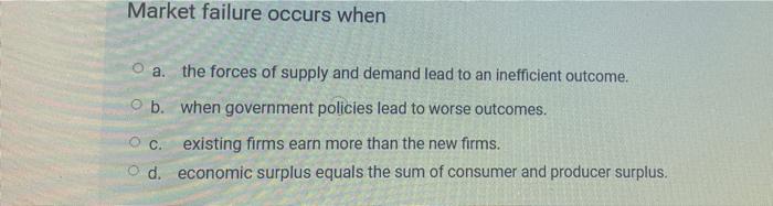 Solved Market failure occurs when a. the forces of supply | Chegg.com