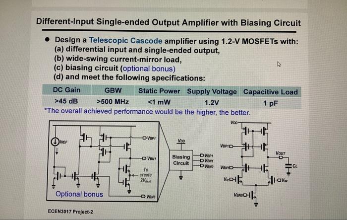 Design a Telescopic Cascode amplifier using 1.2-V | Chegg.com