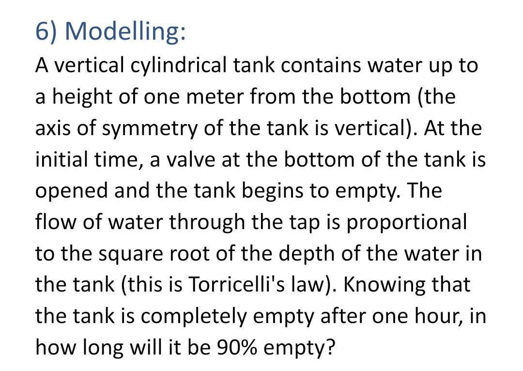 Solved 6) Modelling: A vertical cylindrical tank contains | Chegg.com