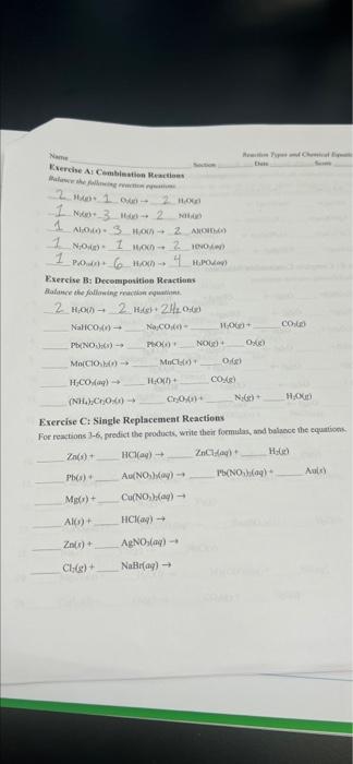 Solved Name Exercise A: Combination Reactions Balance the | Chegg.com