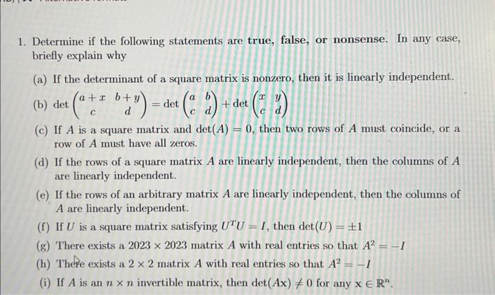 Solved 1. Determine if the following statements are true, | Chegg.com