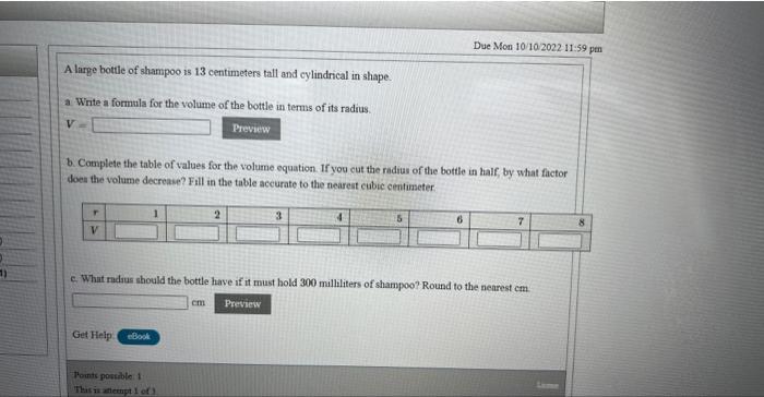 Solved A large bottie of shampoo is 13 centimeters tall and | Chegg.com