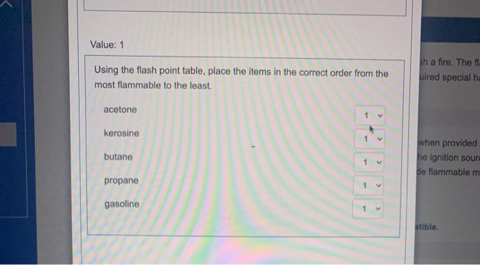 Solved Value: 1 Using the flash point table, place the items | Chegg.com