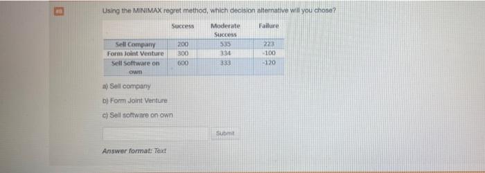 Solved 3 Using the MINIMAX regret method, which decision | Chegg.com