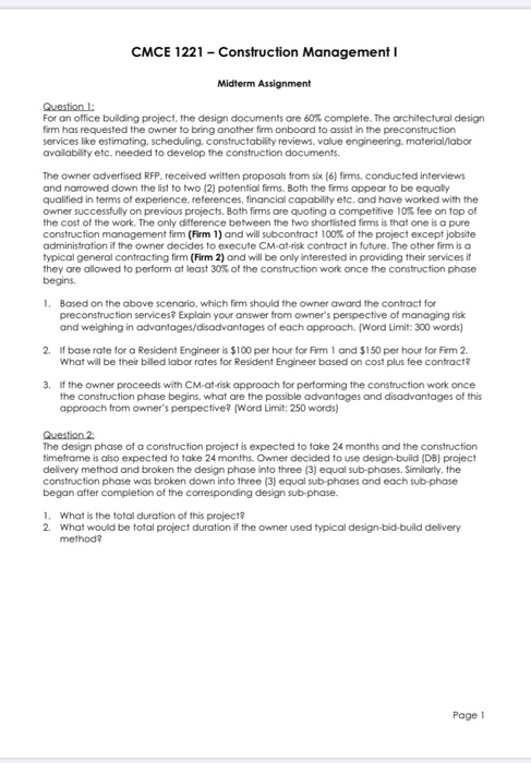 CMCE 1221 - Construction Management Midterm | Chegg.com