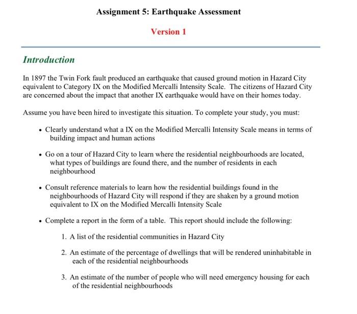 Solved Assignment 5: Earthquake Assessment Version 1 | Chegg.com