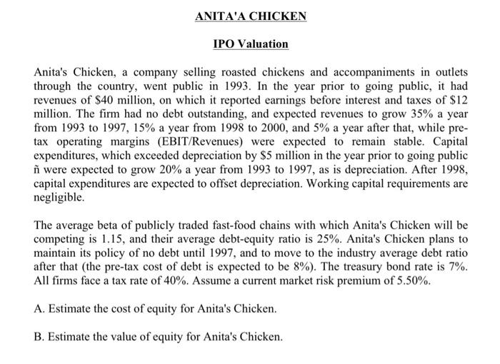 Solved IPO Valuation Anita's Chicken, a company selling | Chegg.com