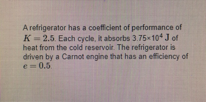 Solved A refrigerator has a coefficient of performance of K= | Chegg.com