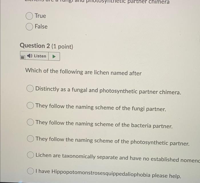 Solved partner chimera True False Question 2 (1 point) | Chegg.com