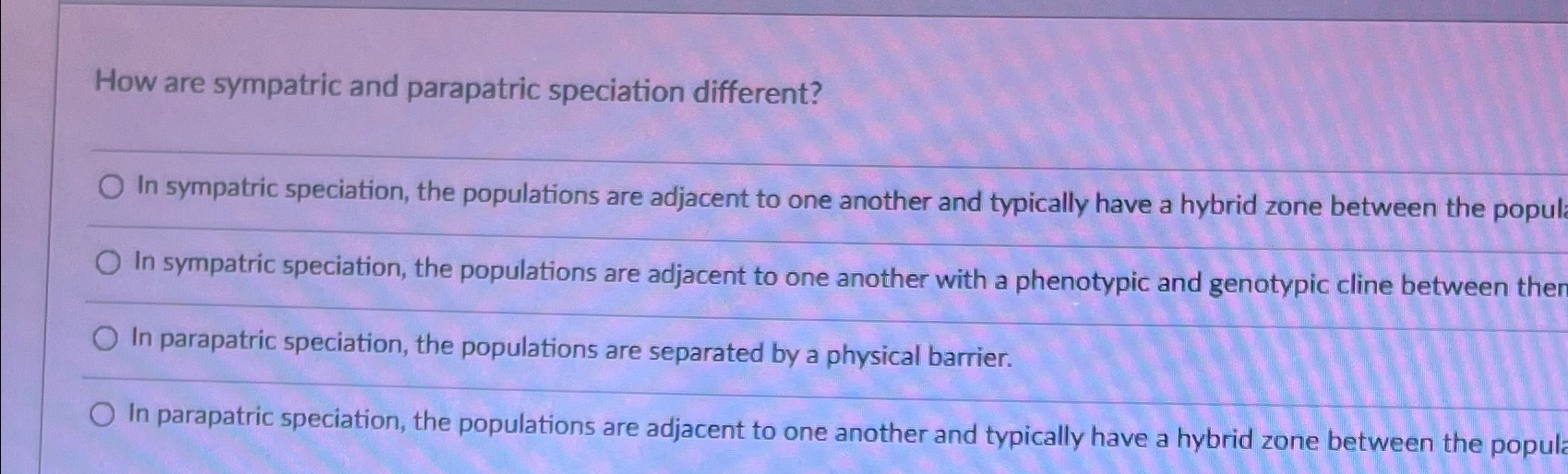Solved How are sympatric and parapatric speciation | Chegg.com
