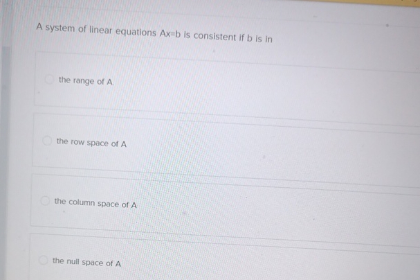 Solved A system of linear equations Ax=b ﻿is consistent if b | Chegg.com