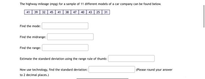 Solved The highway mileage (mpg) for a sample of 11 | Chegg.com