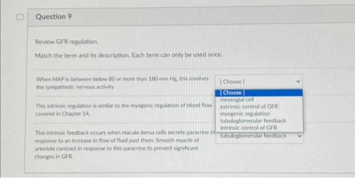 Solved Review GFR regulation. Match the term and its | Chegg.com
