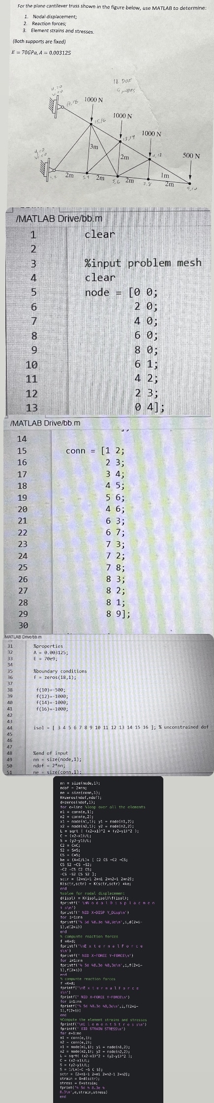 Solved For the plane cantilever truss shown below use matlab | Chegg.com
