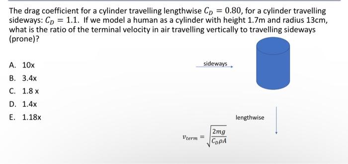 Solved The drag coefficient for a cylinder travelling | Chegg.com
