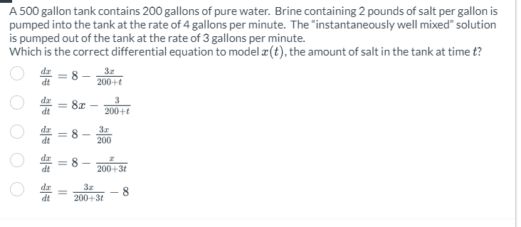 Solved A 500 ﻿gallon tank contains 200 ﻿gallons of pure | Chegg.com