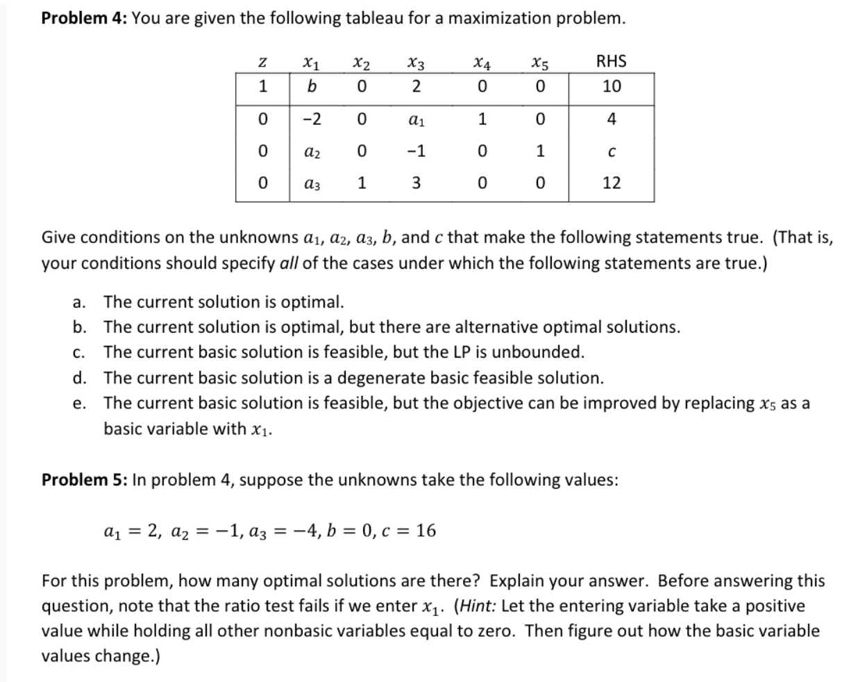 Solved Problem 4: You are given the following tableau for a | Chegg.com