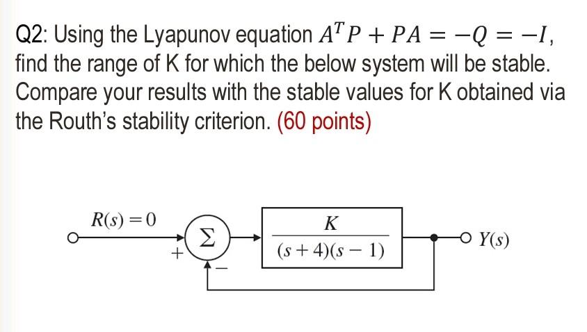 Solved = = Q2: Using the Lyapunov equation ATP + PA = -Q = | Chegg.com