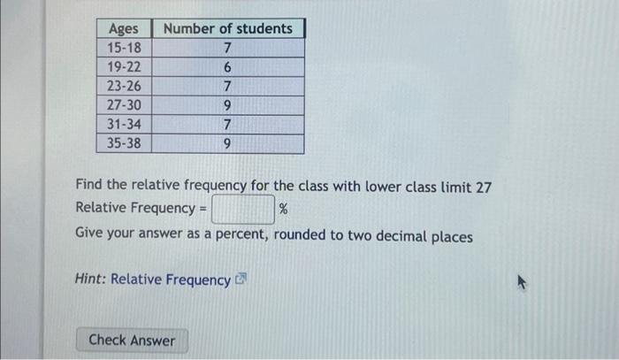 Solved Ages 15-18 19-22 23-26 27-30 31-34 35-38 Number of | Chegg.com