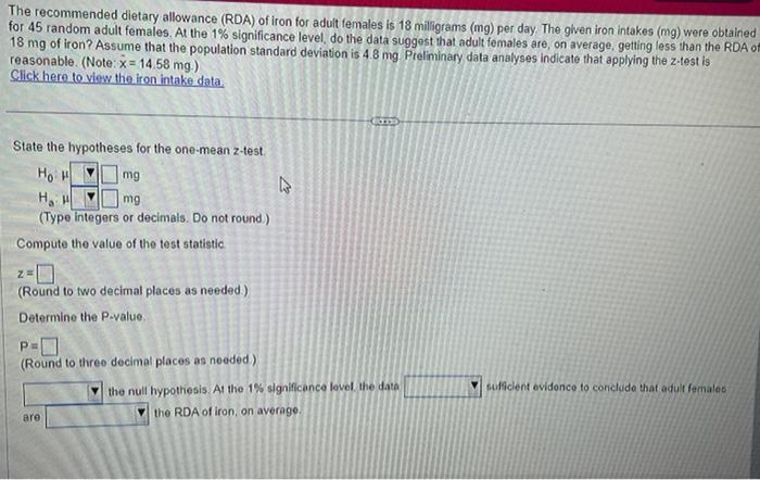 Solved The recommended dietary allowance (RDA) of iron for | Chegg.com